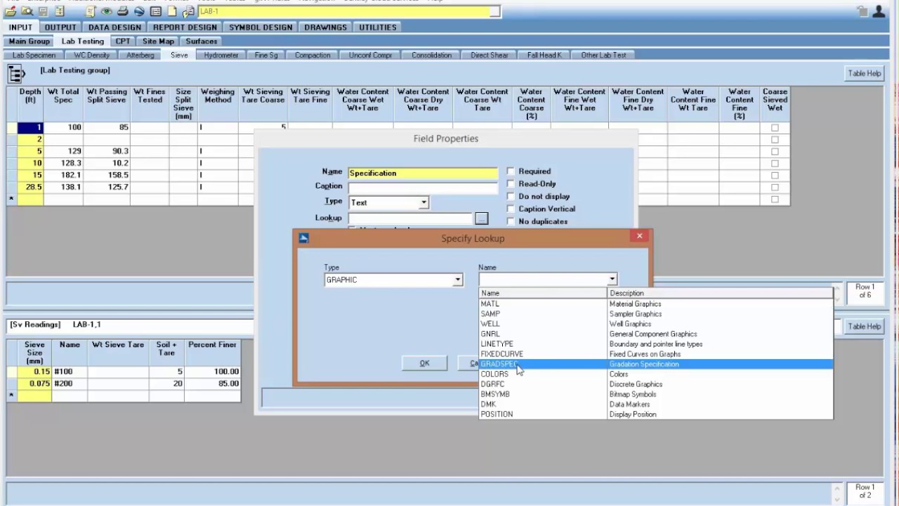 gINT - Adding Gradation Specification Graphic to Grain Size Graph - YouTube