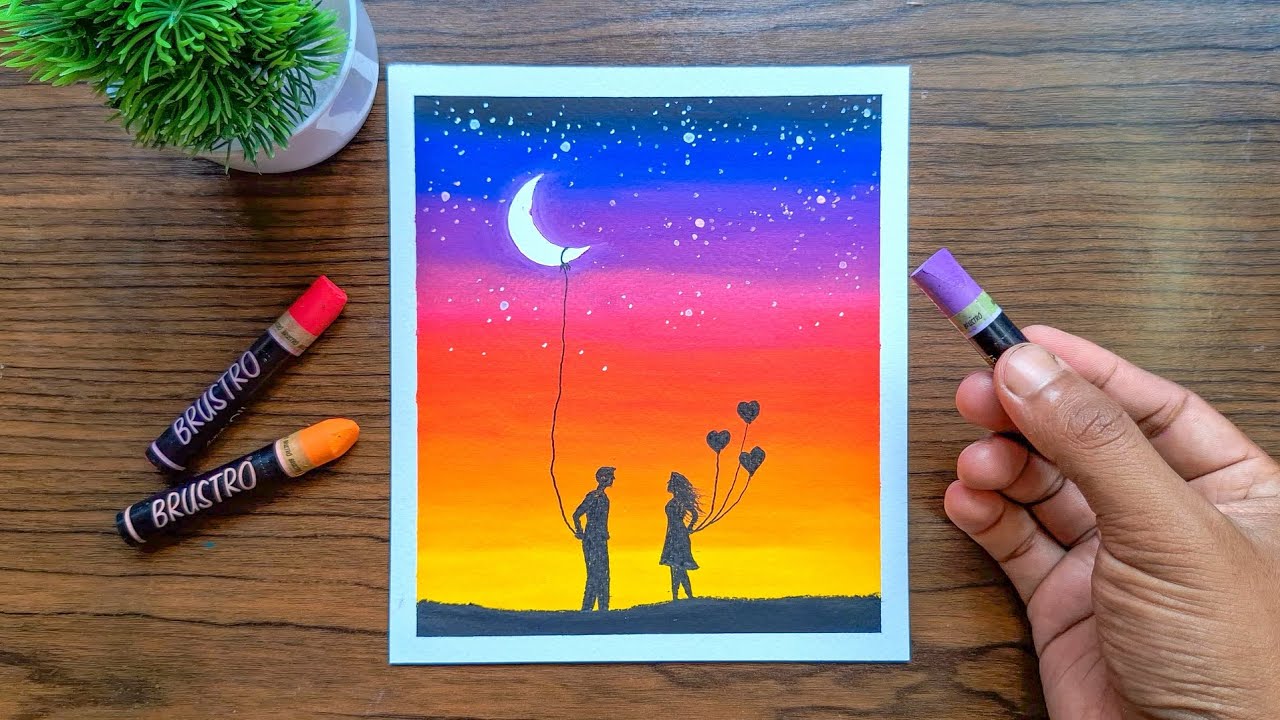 🌙 Romantic Sunset Silhouette Drawing | Easy Oil Pastel Art - YouTube