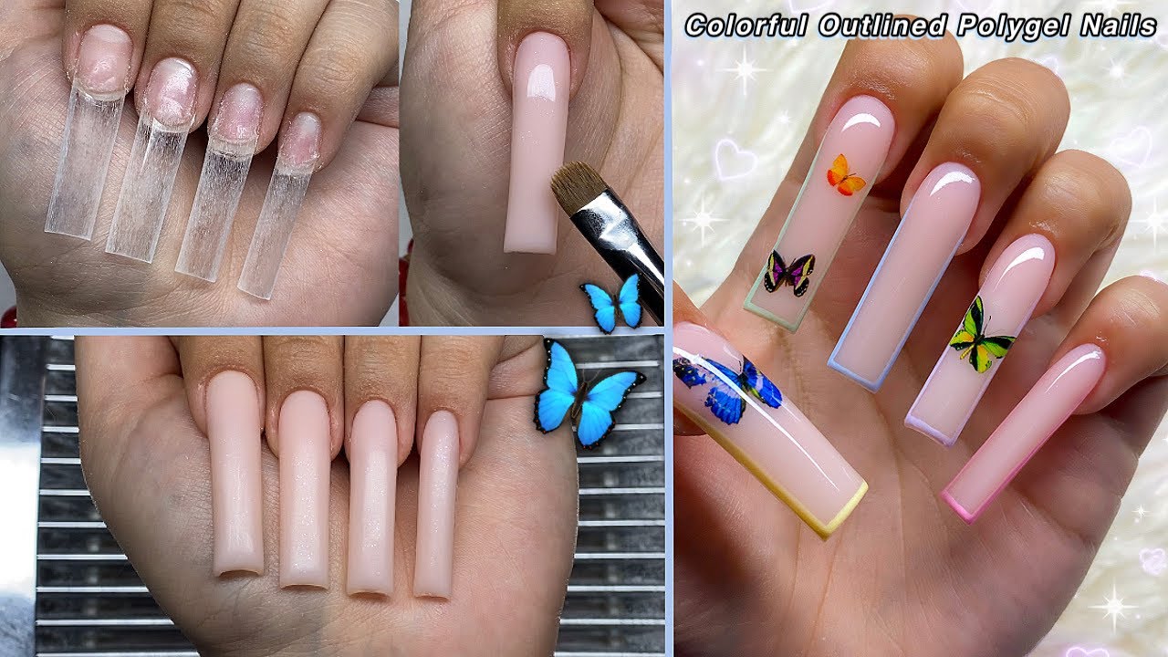 COLORFUL OUTLINED POLYGEL NAILS! BUTTERFLY NAIL DESIGN | Polygel Nail ...