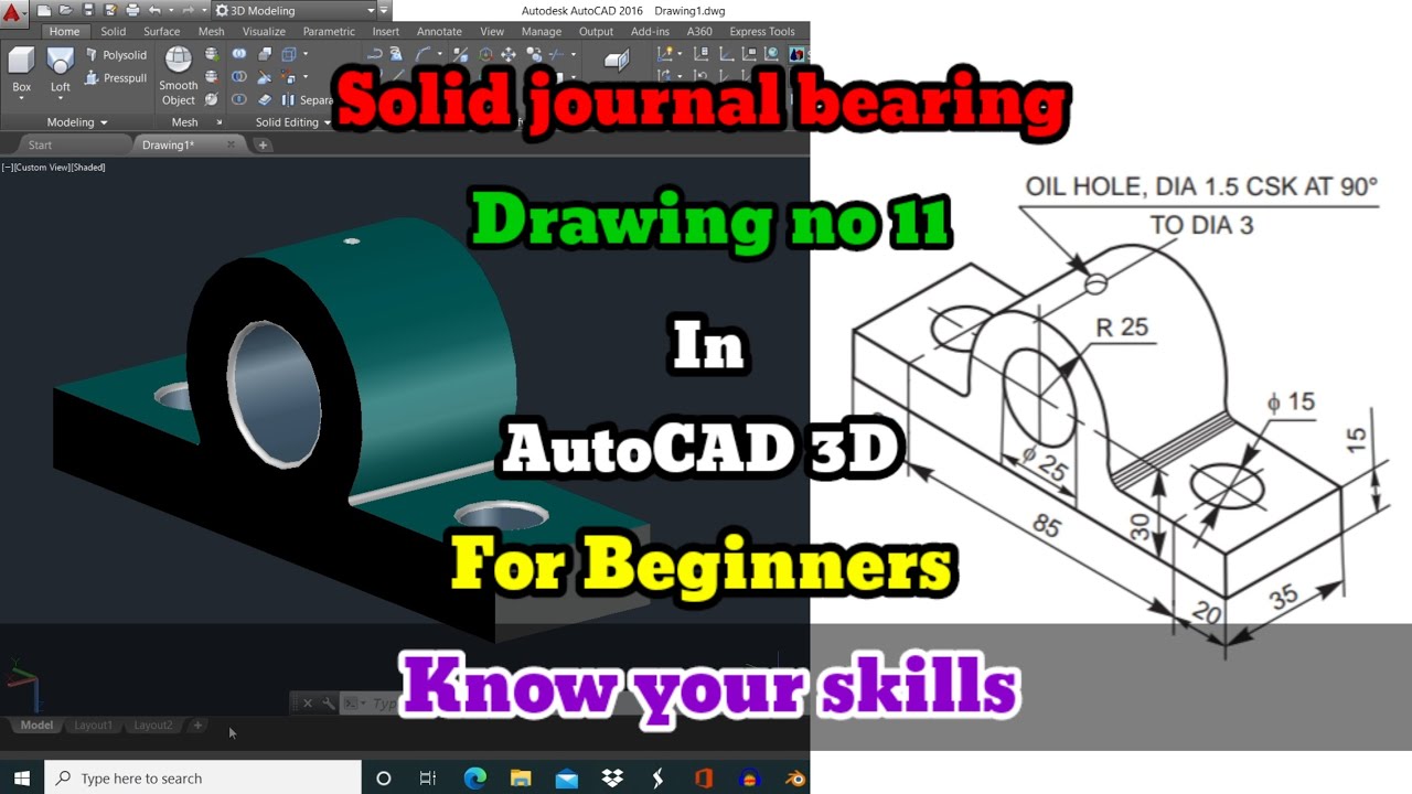 AutoCAD tutorial for beginners | solid journal bearing | Drawing no 11 ...
