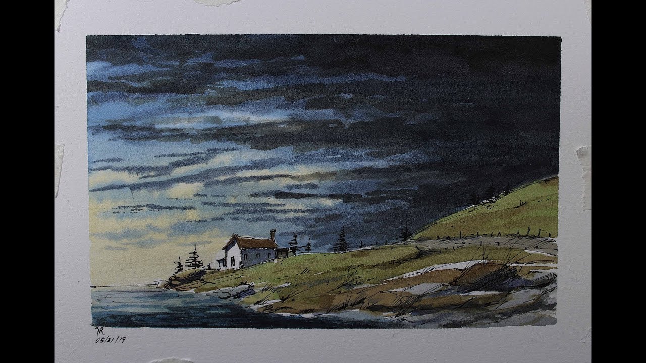 Line and wash coast scene,watercolor tuturial in Real time.Nil Rocha ...