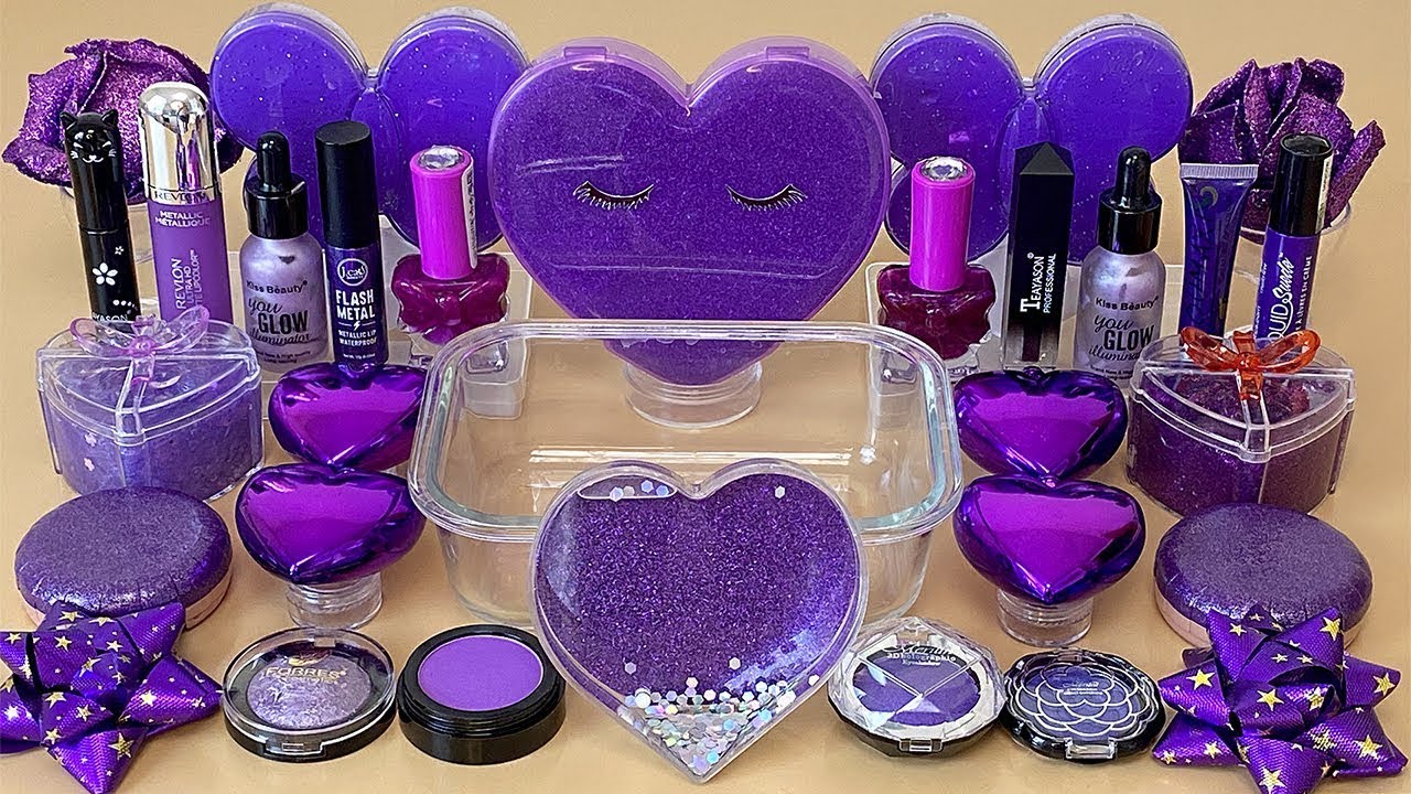 Purple SLIME | Mixing Makeup, Glitter and Beads into Clear Slime. ASMR ...