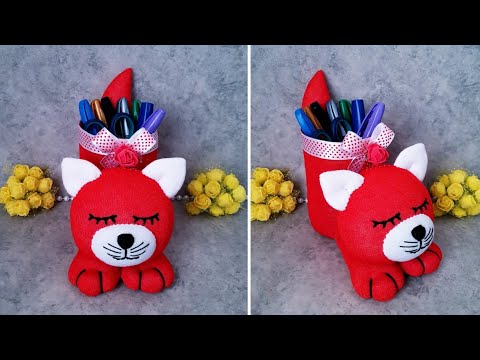 😍Çok Tatlı Bir Kalemlik Oldu/👌Çoraptan, Uyuyan Kedi Masaüstü Kalemlik