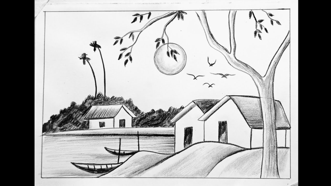 How to draw a very easy scenery drawing with pencil - YouTube