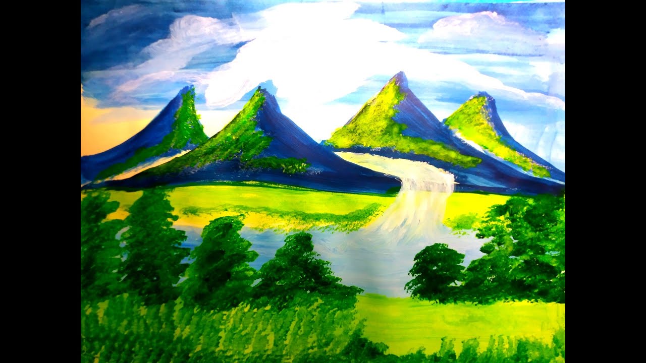 Drawing a beautiful hills senary for beginners with water color ...