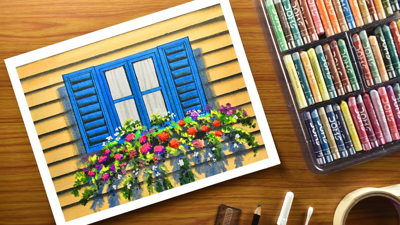 Flowers in window oil pastel drawing - step by step - Window & flower ...