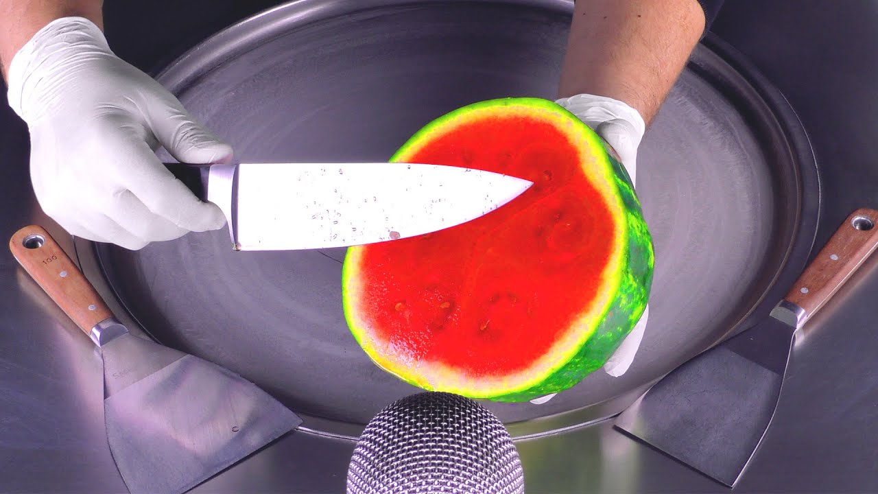 ASMR - Watermelon Ice Cream Rolls | oddly satisfying Melon crushing ...