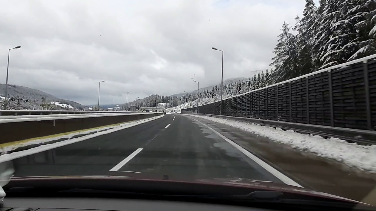 Austria. Autobahn S6. Road to Alps. Alps winter and snow. October 2020 ...