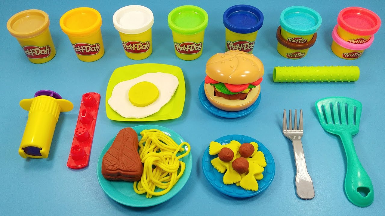 Play-Doh food, beef, pasta, hamburger, fried egg. Toy food. - YouTube