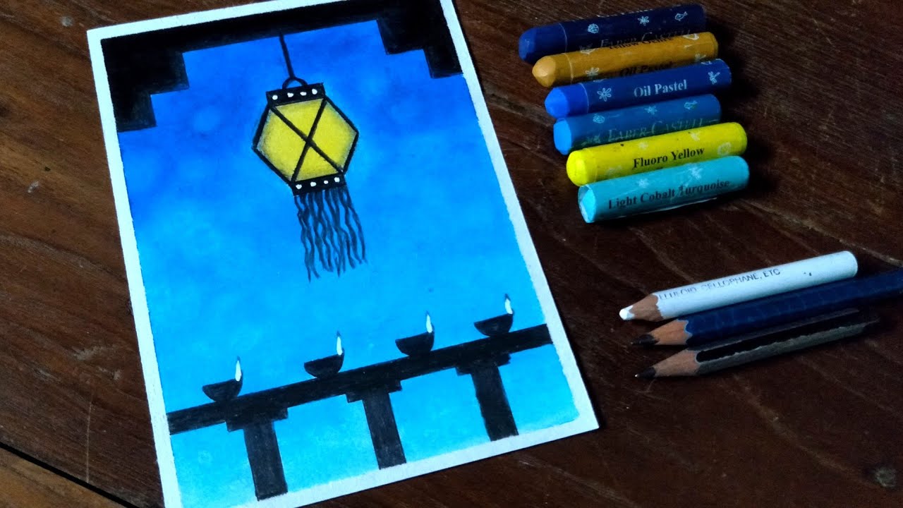 Simple Diwali drawing With Oil Pastels || Akash Kandil & Diya Drawing ...