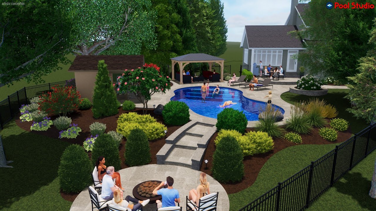 20 x 40 Lagoon Swimming Pool with Fire Pit - 3D Design by Rideau Pools ...
