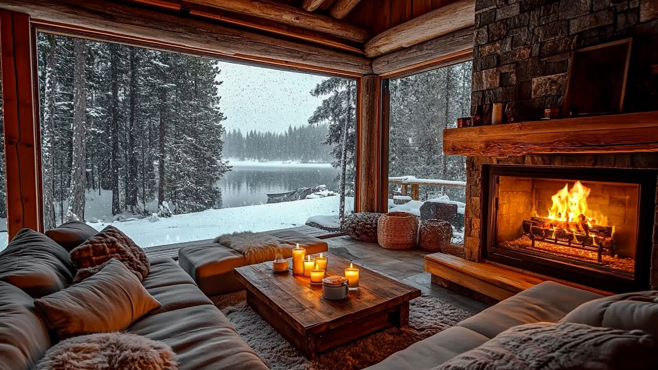 Tranquil Winter Scene ️Cozy Living Room, Fireplace Glow & Smooth Piano ...