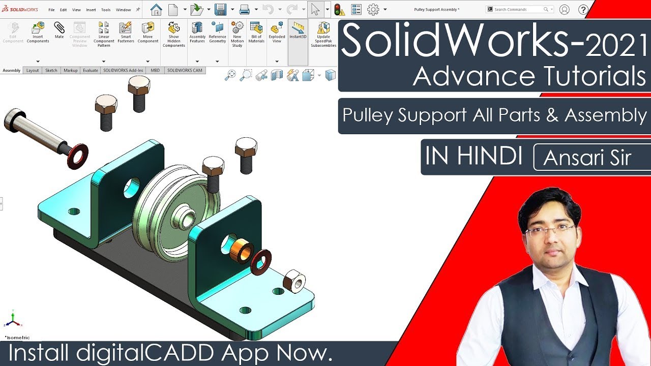 Pulley Support Assembly in Solidworks || SolidWorks Full Course In ...