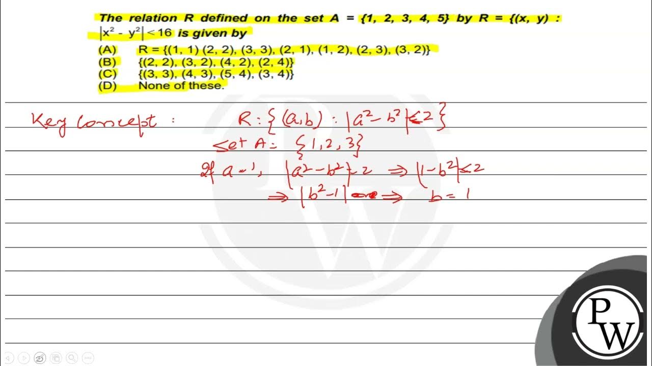 The relation \( R \) defined on the set \( A=\{1,2,3,4,5\} \) by \( R=\{(x, y) \) : \( \left|\ma ...
