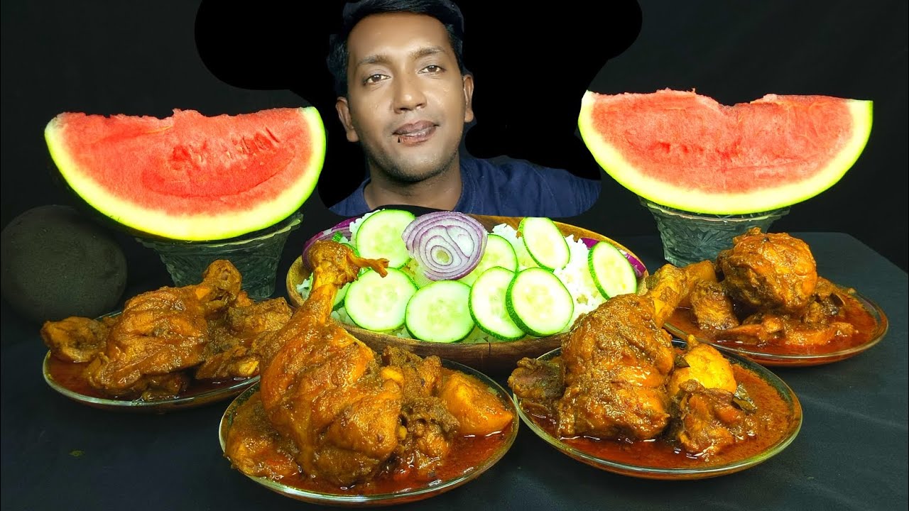 ASMR EATING SPICY CHICKEN CURRY WITH RICE, SALAD, GRAVY, INDIAN MUKBANG ...