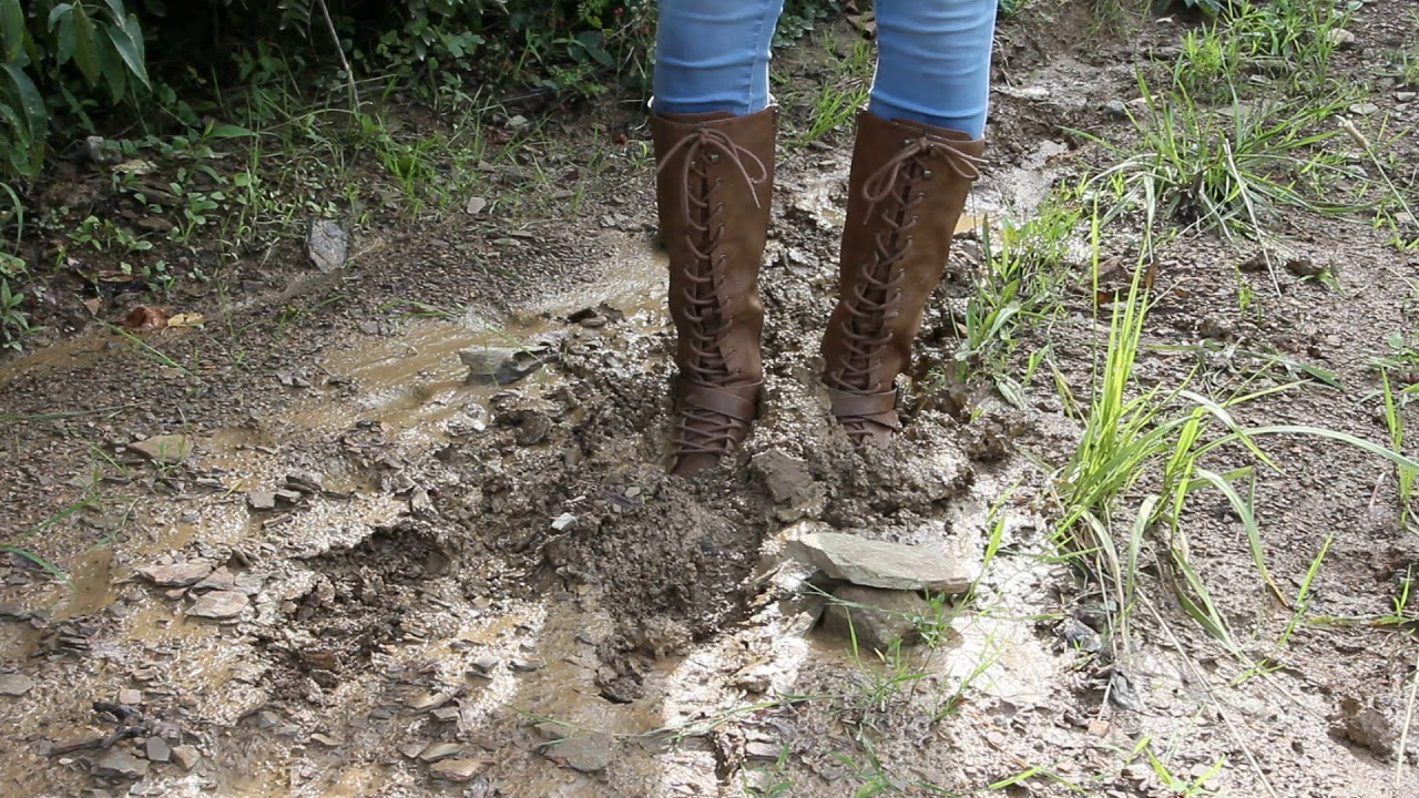 Women's Brown Knee High Combat Boots in Sticky Mud 2 - YouTube