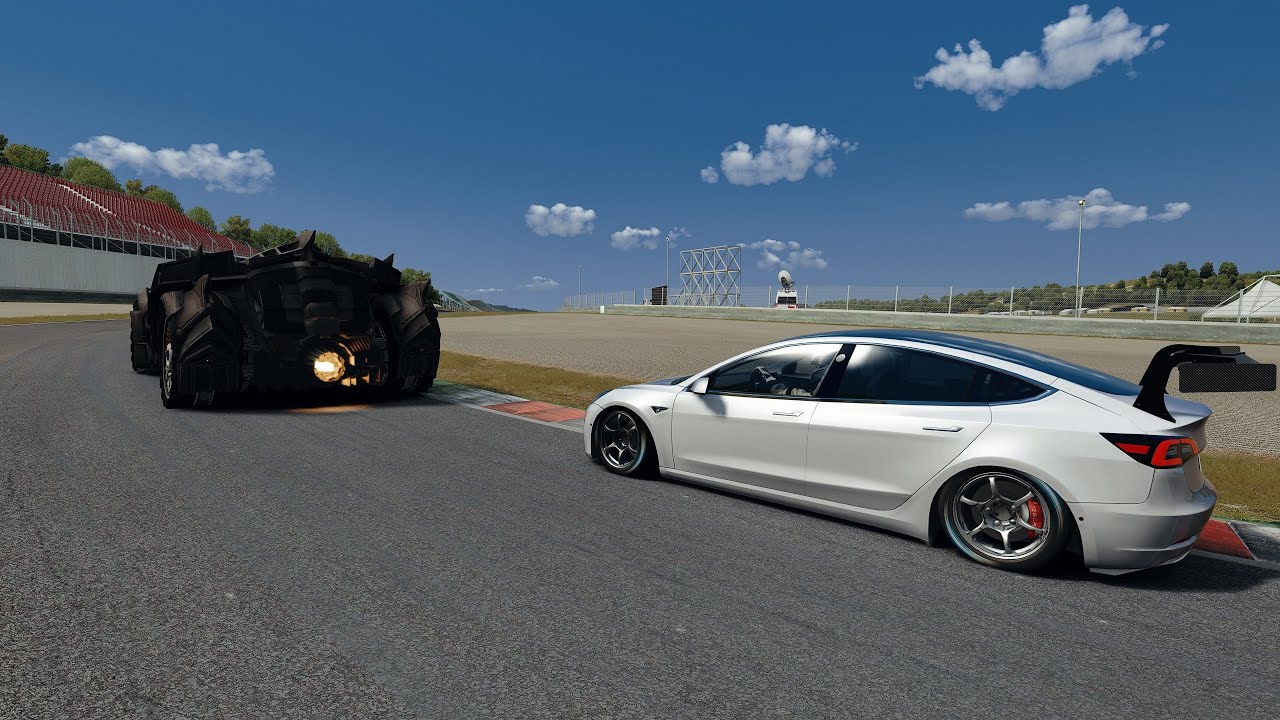 Batmobile vs Tesla Model 3 Mpp.r @ Mugello - YouTube