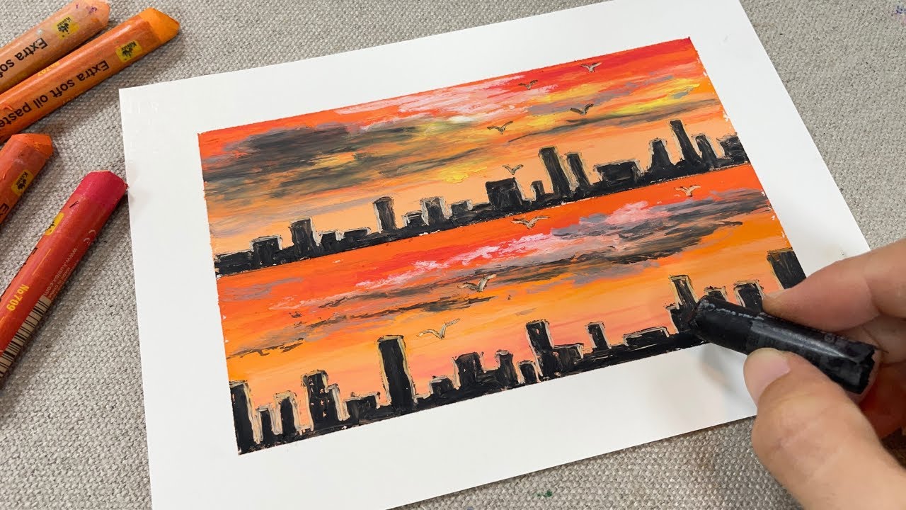 Landscape Painting | Golden Sunset Painting Using Soft Oil Paint Sticks ...