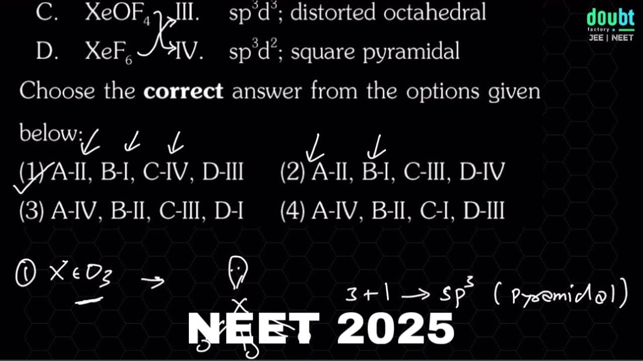 Match the List-I with List-II. A. XeO3 I. sp3d; Linear B. XeF2 II. sp3 ...