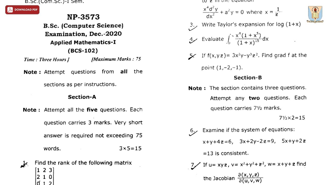 BSC 1ST SEM CS APPLIED MATHEMATICS 1ST NP DEC 2020 | CCSU - YouTube