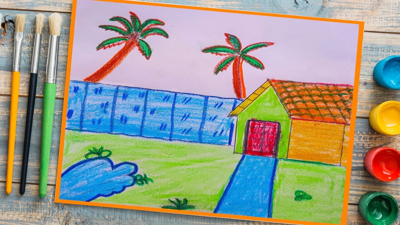 Easy Tutorial: How to Draw a Scenic Landscape with House, Coconut Tree ...