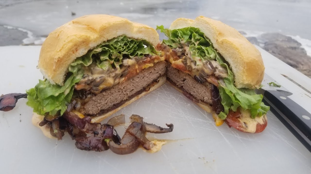 ONE AWESOME BURGER!!! Cooking with coals in the wild - YouTube