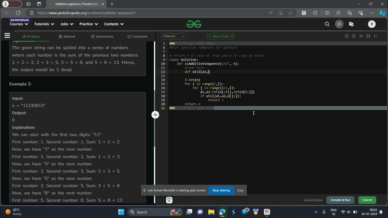 Additive Sequence Gfg Potd Python Solution Geeks For Geeks Problem Of The Day Solution Youtube