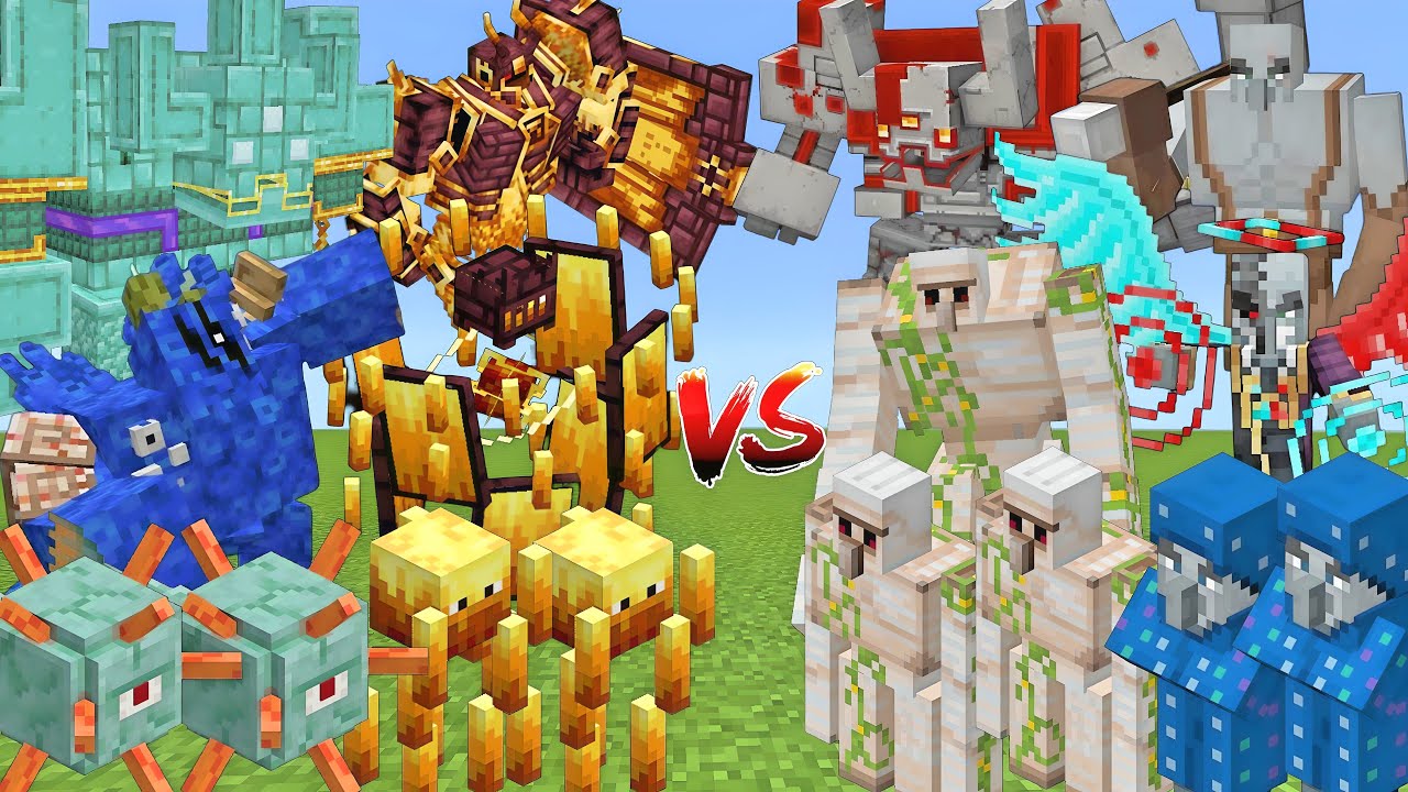 GUARDIAN & BLAZE ALLIANCE Vs IRON GOLEM & PILLAGER ALLIANCE MOB BATTLE ...