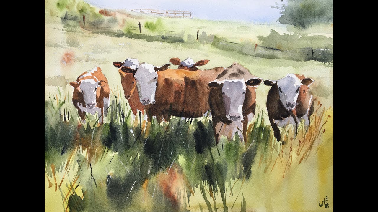 Cows in Pasture - FULL Length Watercolour Tutorial (Narrated) - YouTube