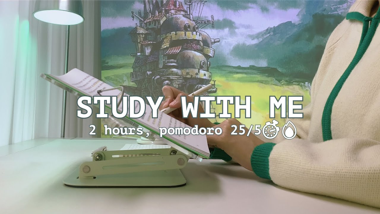 |STUDY WITH ME|🪄Howl's Moving Castle, 2HOURS, pomodoro 25/5, No music ...