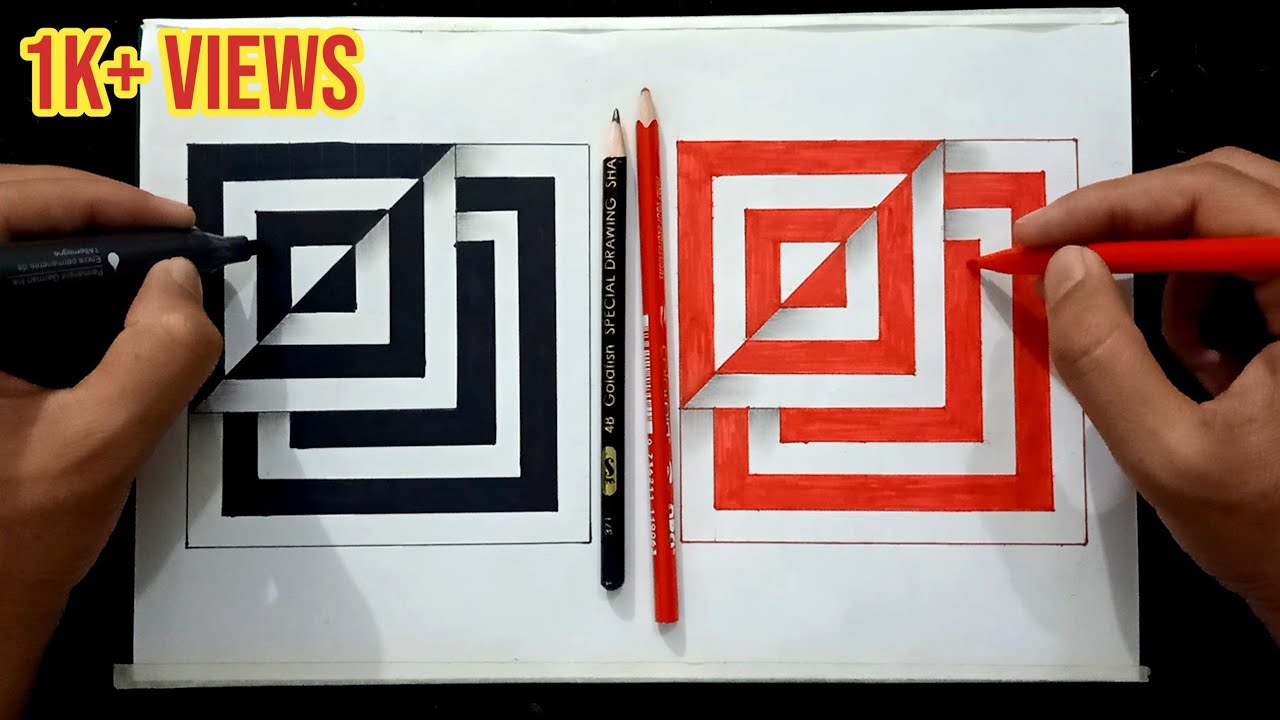 Very Easy!! How To Draw 3 Dimensional Geometric Square Design ! Optical ...