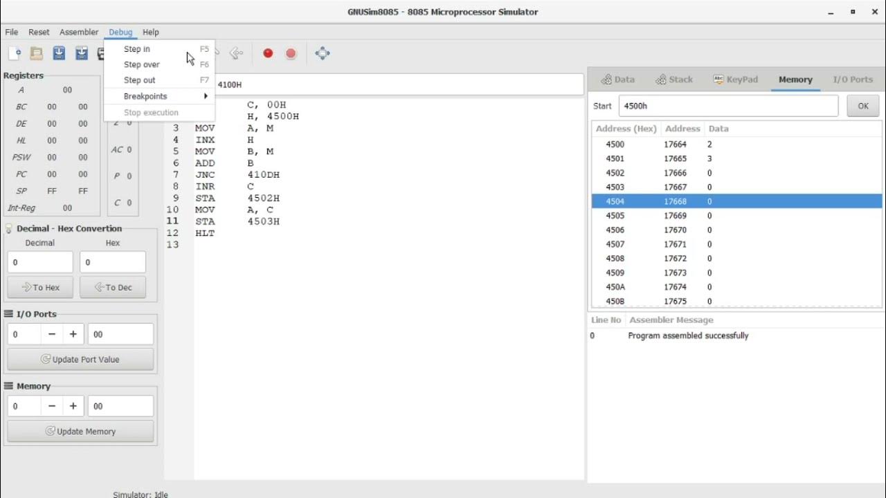 How to EXECUTE a program step by step in GNUsim8085 - YouTube