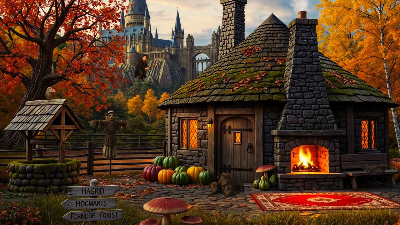 Hagrid's Hut Autumn Ambience 🍁 Hogwarts Forest Cabin with Cozy Harry ...