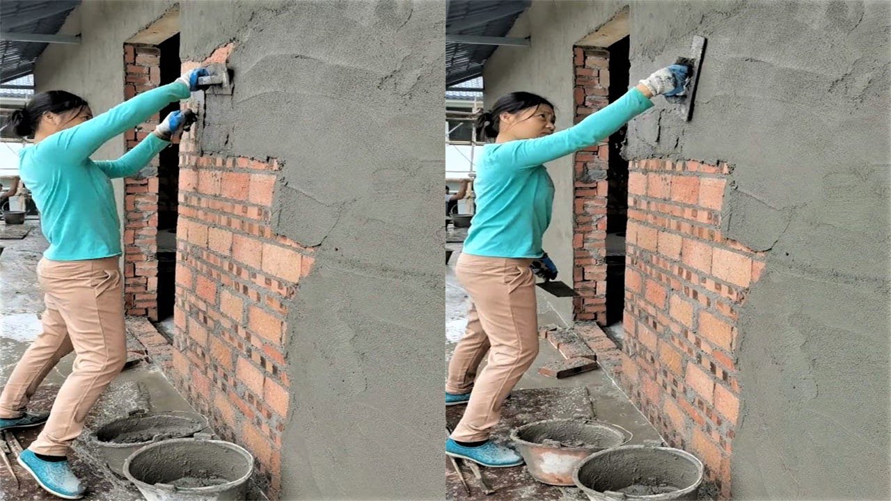 Young girl with great cement mortar skills-Great engineering in ...