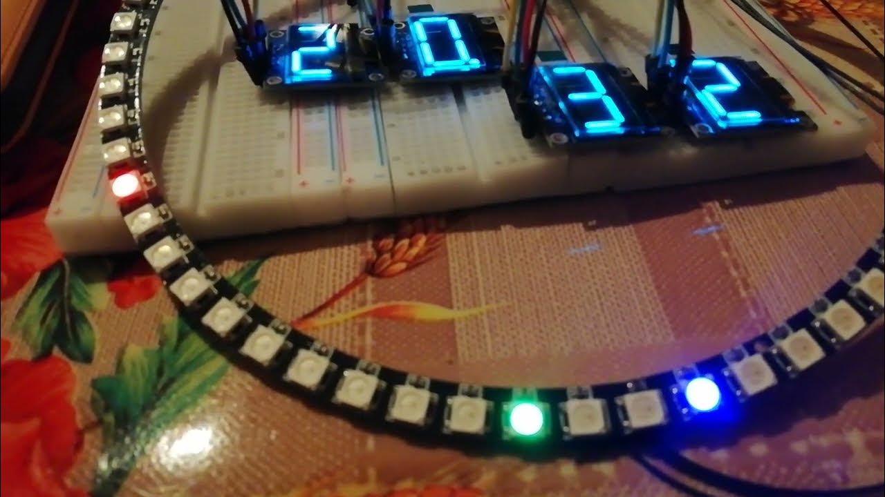 NTP clock with 7-segment numbers on 4 OLED displays and round led clock ...