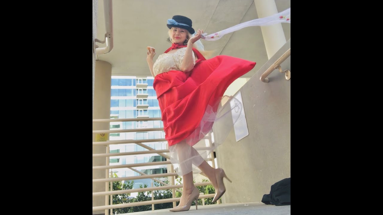 Windy day part 2 with red dress and donut - YouTube