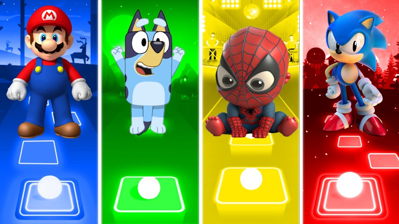 Super Mario Vs Bluey Vs Baby Spiderman Vs Sonic - Tiles Hop EDM Rush ...