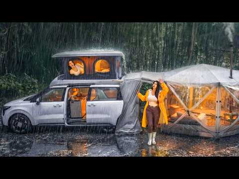 ☔️HEAVY RAIN CAMPING IN A CAMPER VAN DEEP IN THE FOREST