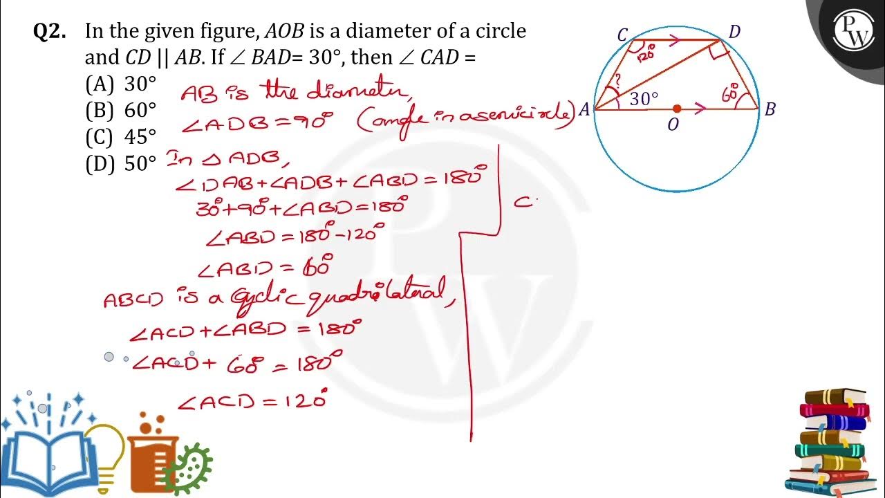 In the given figure, AOB is a diameter of a circle and CD‖AB. If ∠BAD=30°, then &an.... - YouTube