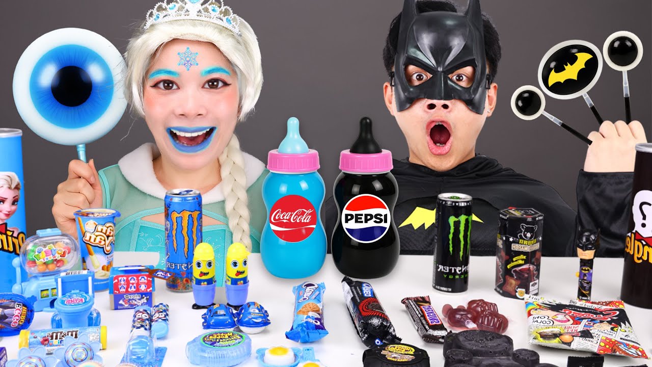 Frozen Elsa Vs Batman Eating BLUE Vs BLACK Food Challenge | ASMR ...