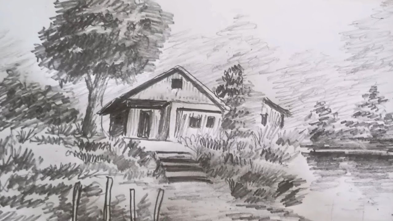 Easy forest house drawing tutorial step by step landscape drawing - YouTube