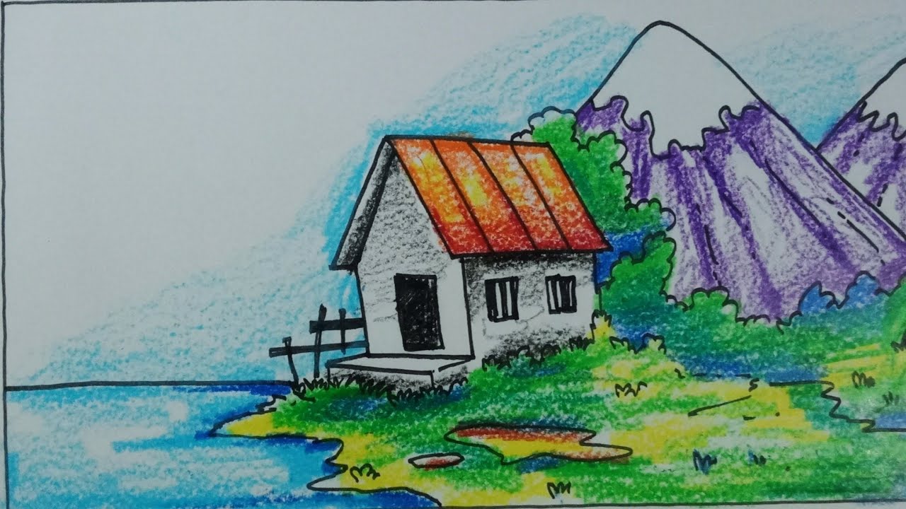 Easy landscape drawing for kids simple method| House and nature drawing ...