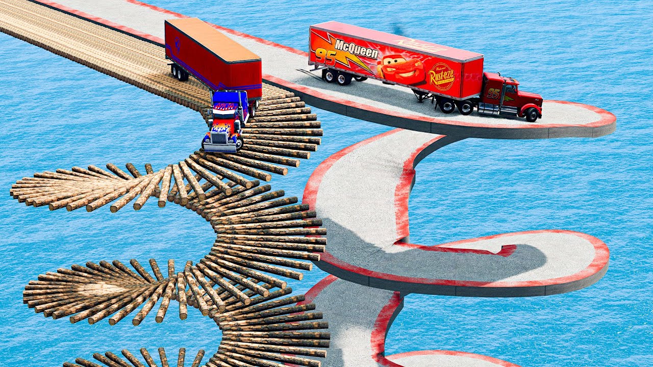 Mack Truck vs Optimus Prime Truck vs Impossible Road Spiral and Log Spiral Bridge - BeamNG.Drive ...