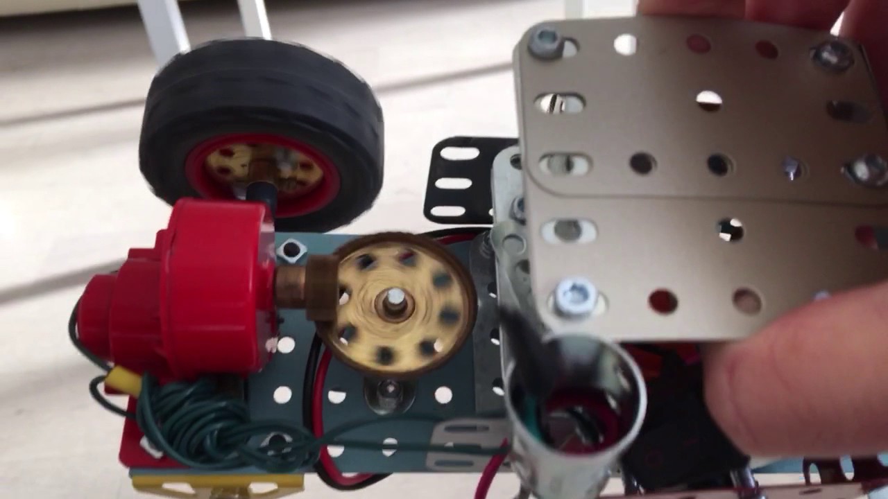Meccano fire truck with 4-12 volt motor, showing gears - YouTube