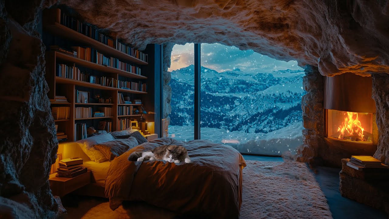 Immerse yourself in the cozy ambiance of a winter cave with a crackling ...