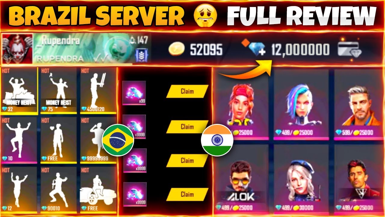 FREE FIRE 🔥 BRAZIL SERVER REVIEW 2021 😵 || INDIAN SERVER VS BRAZIL ...
