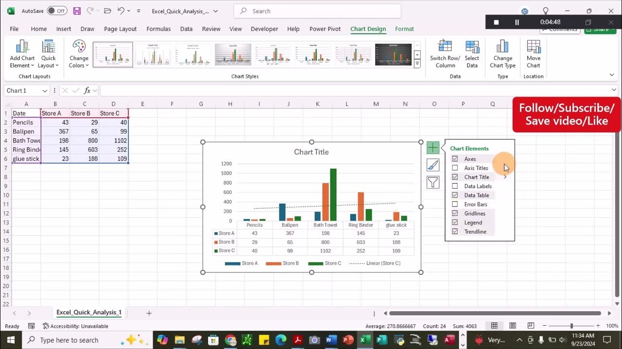 Excel Quick Analysis- How to present Table and Chart together - YouTube