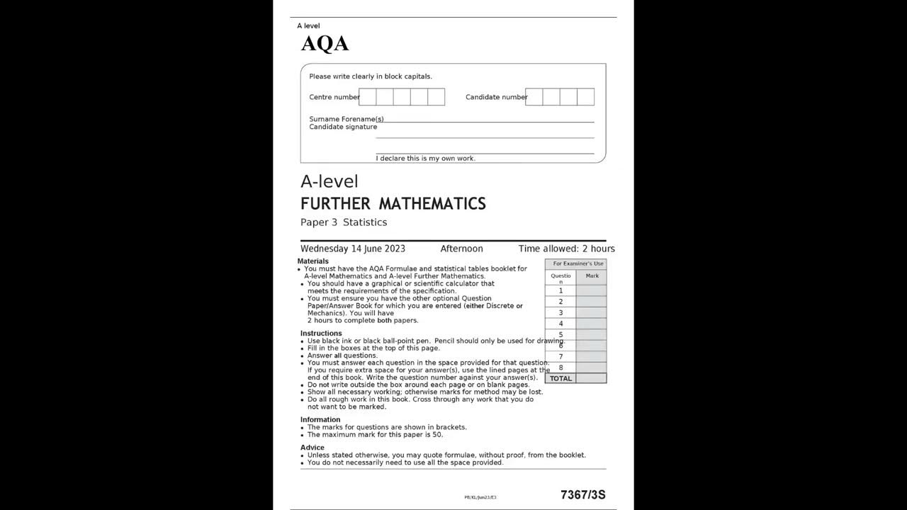 AQA A level FURTHER MATHEMATICS Paper 3 JUNE 2023 QUESTION PAPER; Statistics - YouTube
