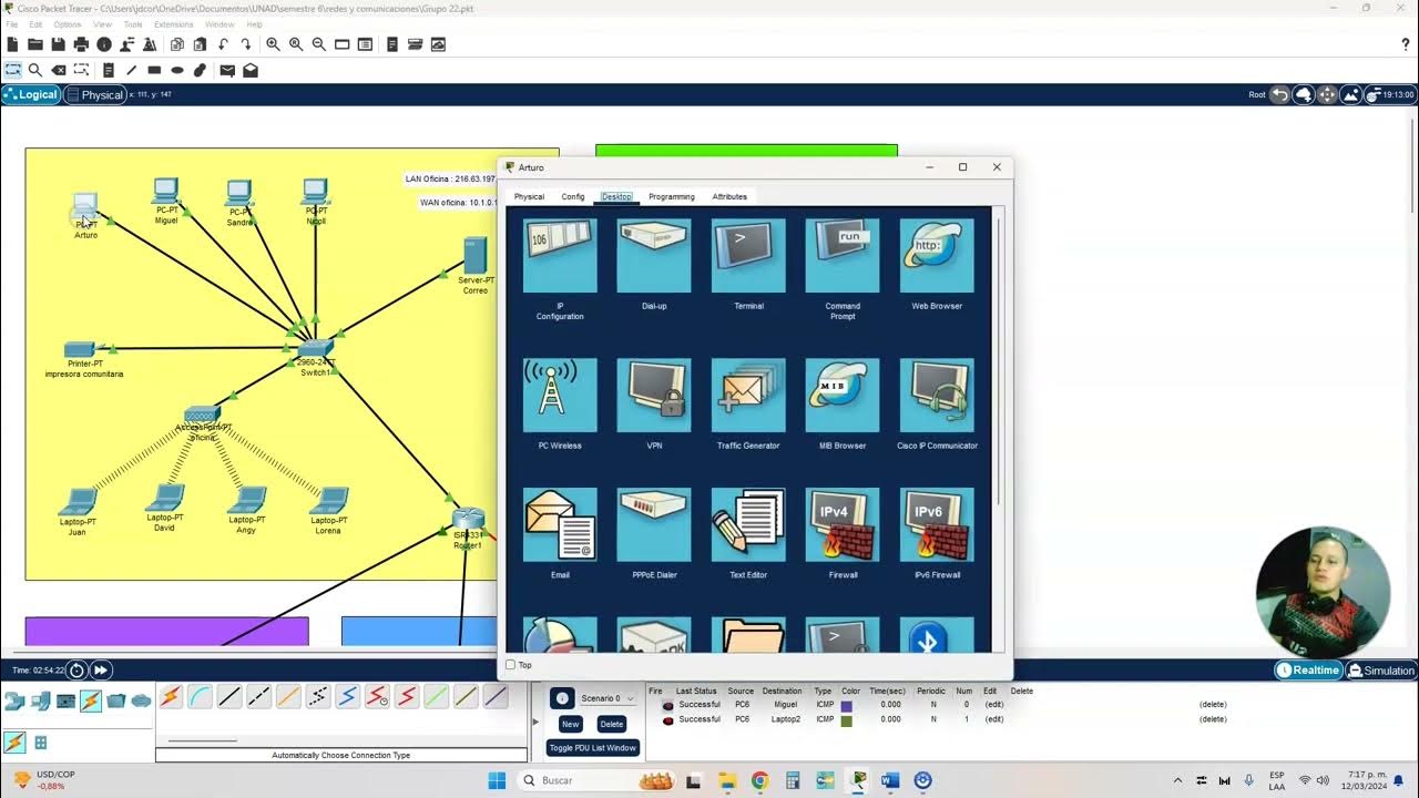 configuracion de red LAN y red WAN (router, pc, portatil, switch, nube, wifi) en cisco packet ...