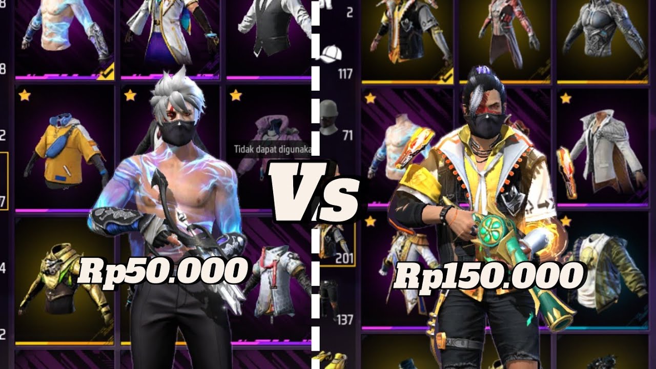 PERBANDINGAN AKUN FF HARGA Rp50.000 Vs Rp150.000 RUGI GK‼️ - YouTube